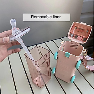 Funny Cartoon Car Kids Water Bottle with Straw 17.6oz No Leak Large Cute Cartoon Car Water Bottles Sports Plastic Portable Drinking Bottle with Adjustable Shoulder Strap for Girls Boys School- blue