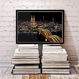 Ameolela Rainbow Scratch Painting Paper, Sketch DIY Art Craft City Series Night View Creative Gift, Scratchboard for Adults and Kids, Craft Kits with 4 Tools, 16x11 inches（Cologne Cathedral）