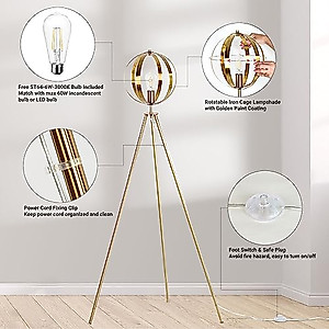 JUNNAI Gold Tripod Floor Lamp: Elegant Tall Lamp with Brass Rotating Cage Shade & E26 Lamp Base | Modern Standing Lamp for Living Room, Bedroom, Office