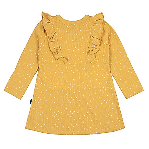 Gerber Baby Girls' Toddler Long Sleeve Dress with Ruffle Detail, Yellow Dots, 18 Months