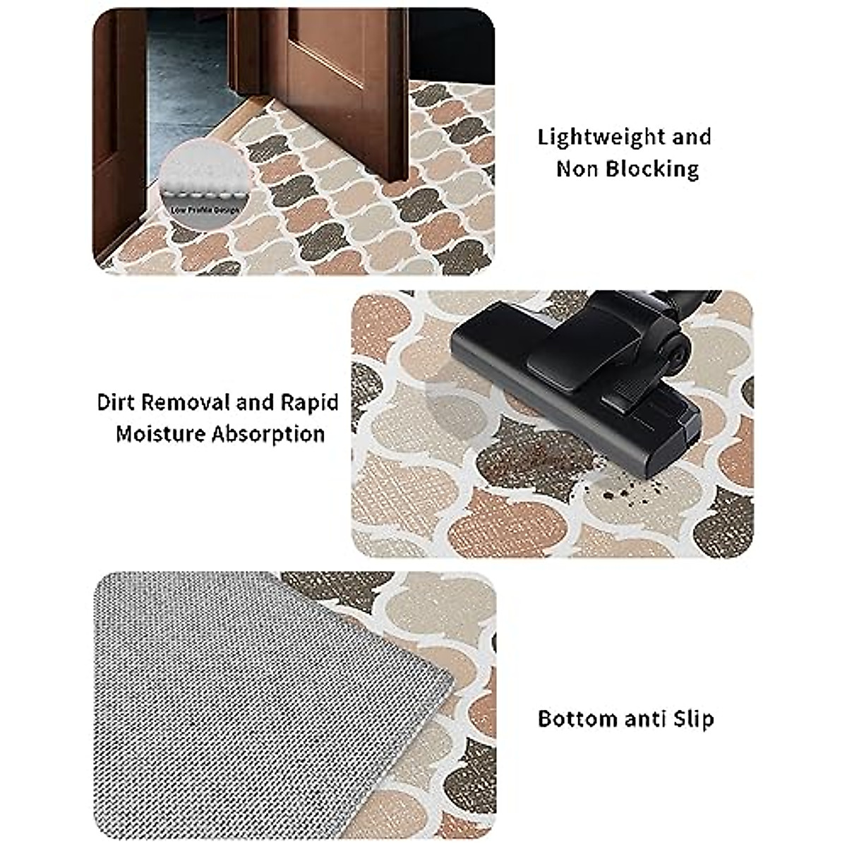 Front Entrance Floor Mats, Non Slip Bathroom/Kitchen Mat Absorbent Durable Small Rugs, Retro Geometric Morocco Tile Pattern Print Door Mat Indoor/Outdoor Carpet Shoes Scraper 18x30 inch