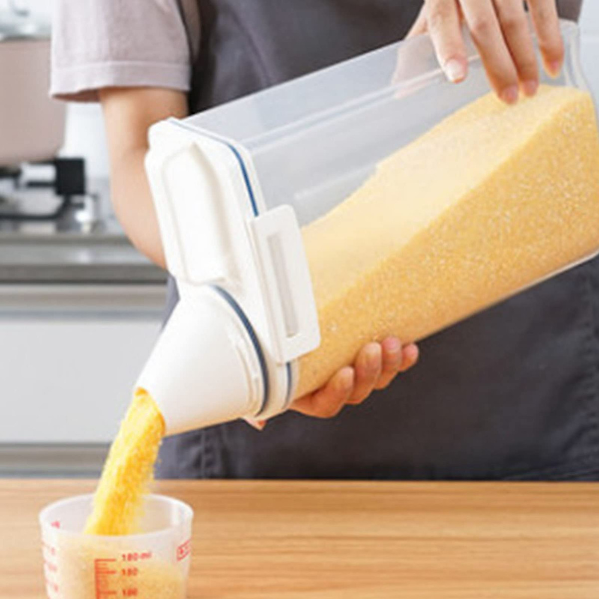 Rice Storage Container 2kg Dry Food Airtight Cereal Container with Measuring Cup Lid, BPA-Free Plastic Transparent Bulk Grain Dispenser Box for Oatmeal, Flour, Nuts