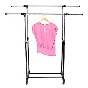 Ymlpre Standard Clothing Garment Rack Double Rail Rolling Clothes Rack with 4 Wheels and Bottom Shelves Hanging Clothes Organizer Stand Rack, Height Adjustable, Dual Black-Silver