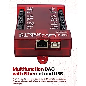 T4-USB Data Logger or Ethernet Multifunction DAQ Device with up to 12 Analog inputs or 16 Digital I/O, 2 Analog outputs (10-bit), and Multiple Digital counters/timers.