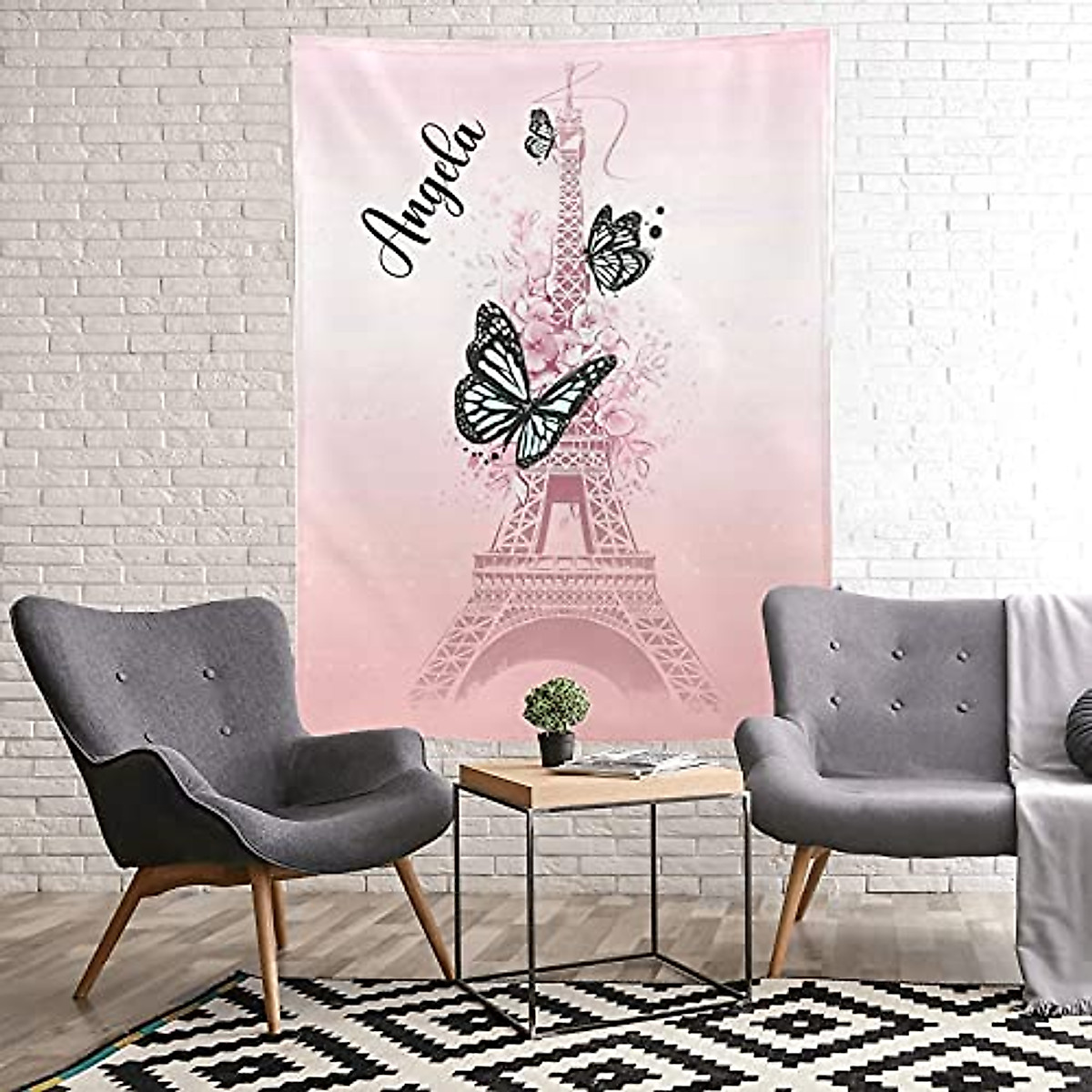 Butterfly and Eiffel Tower Personalized Name Soft Fleece Bed Blankets Throws as Birthday Wedding Gifts for Sofa Couch 50'' x 60''