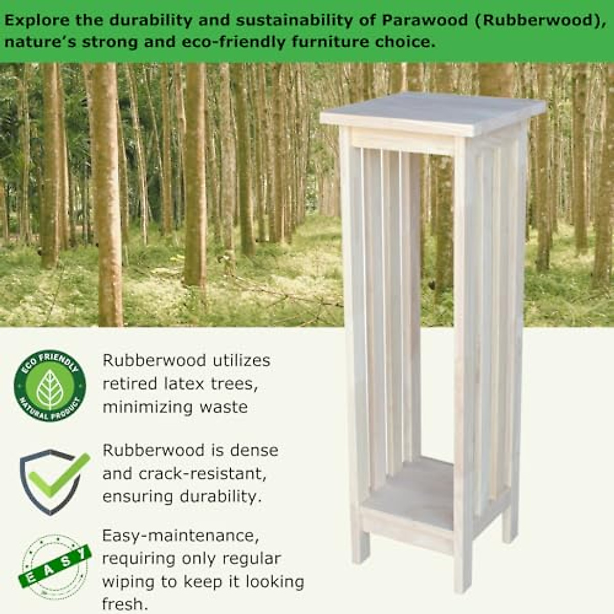 IC International Concepts, Mission Plant Stand, Solid Real Wood, Sturdy Parawood, Dimensions 12" W x 12" D x 36" H, Balcony/Kitchen/Dining/Bedroom/Living, Paint/Stain Ready, Unfinished