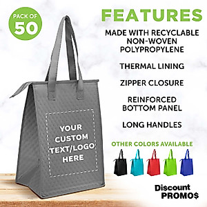 Discount Promos Custom Zipper Insulated Lunch Tote Bags Set of 50, Grey, Unisex