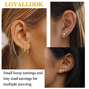 LOYALLOOK Gold Plated Cartilage Earrings Tiny Stud Earrings Stainless Steel Earring Sets for Multiple Piercings Small Huggie Hoop Earrings CZ Ball Flat Back Earrings for Women, Gold