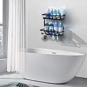 Mycuppca Shower Caddy, 2 Pack Adhesive Bathroom Shower Organizer, Black Shower Shelves with Hooks Stainless Shower Rack for Inside Shower No Drilling Wall Mounted Shower Storage Shower Shampoo Holder