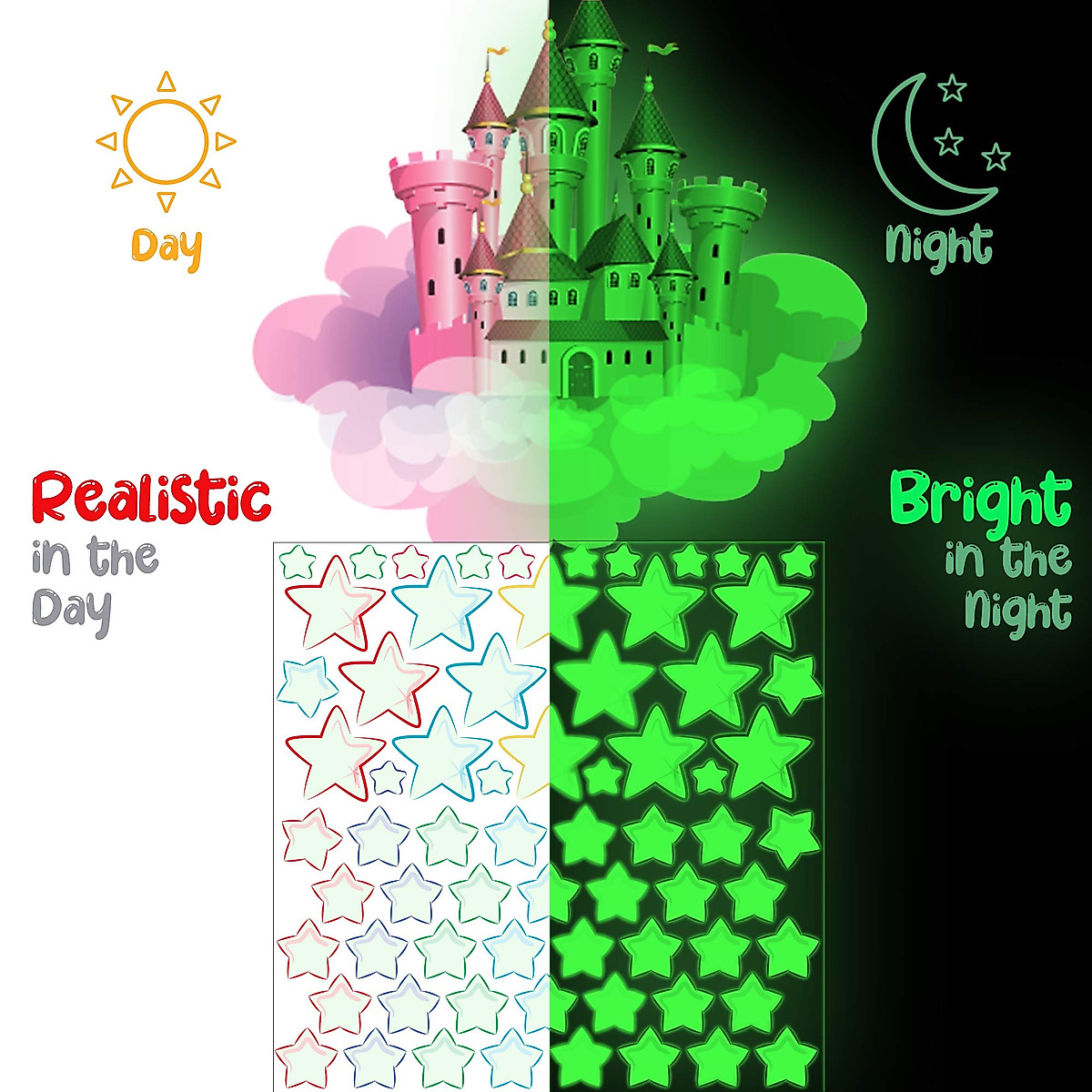 Glow in The Dark Stars, Glowing Unicorn Sets with Castle Moon and Rainbow Wall Decals for Kids Bedding Room, Great for Birthday Gift Wall Mural Stickers for Girls and Boys