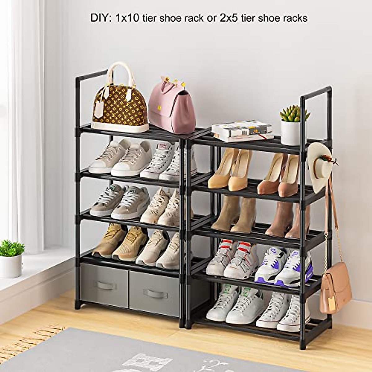 OYREL Sturdy Metal Shoe Rack Organizer,Narrow Shoe Racks for Closets, Shoe Stand,Shoe Shelf (10 Tier with 2 Boxes and 1 Hook)