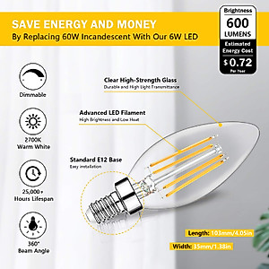 12-Pack Dimmable E12 LED Candelabra Bulbs 60W Equivalent, 2700K Soft Warm White, 600 Lumens B11 Candle Base 6W C35 LED Filament Vintage Light Bulbs, Clear Glass for Chandelier Ceiling Fan High CRI 90+