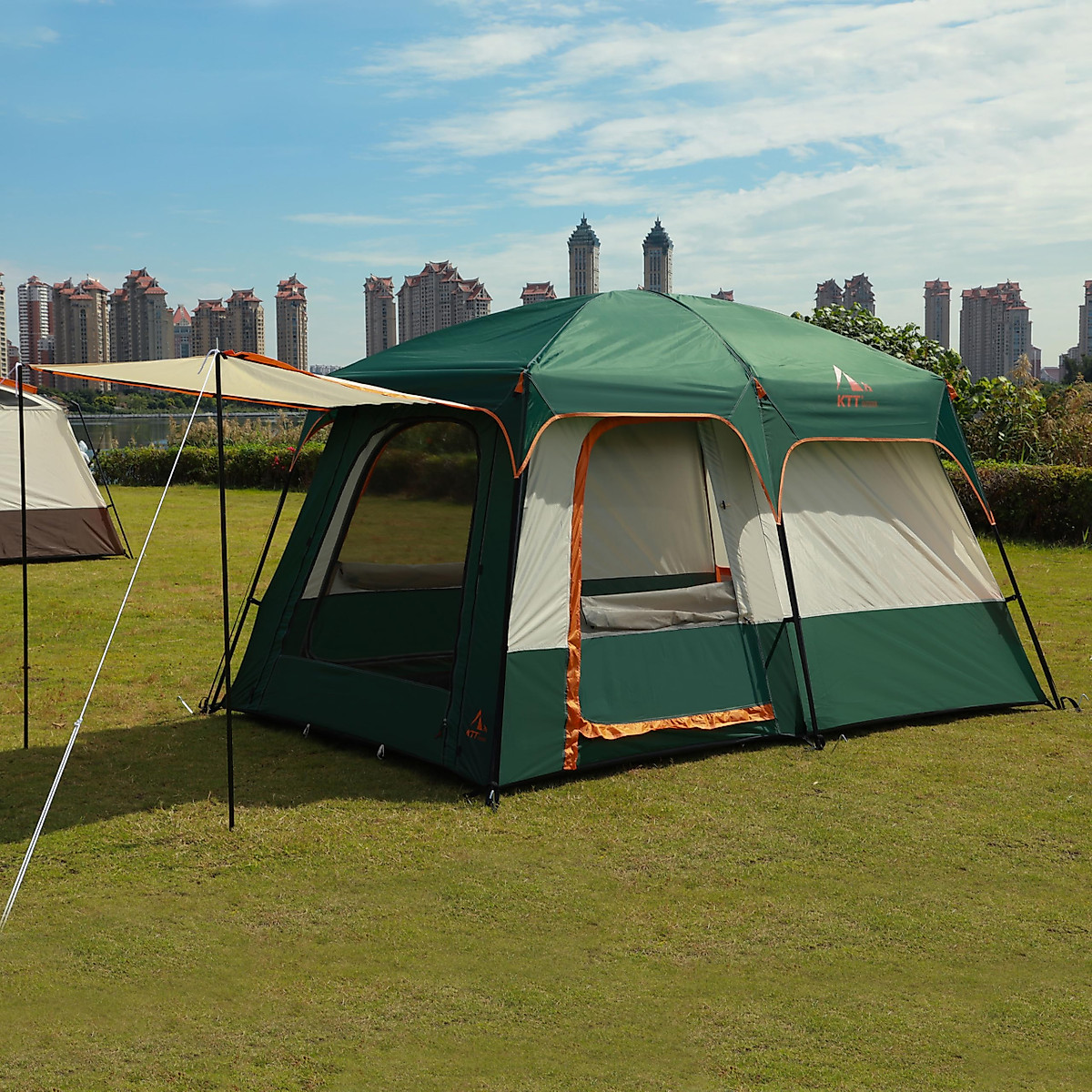 KTT Large Tent 6 Person,Family Cabin Tents,Straight Wall,3 Doors and 3 Windows with Mesh,Waterproof,Big Tent for Outdoor,Picnic,Camping,Family,Friends Gathering(Green)