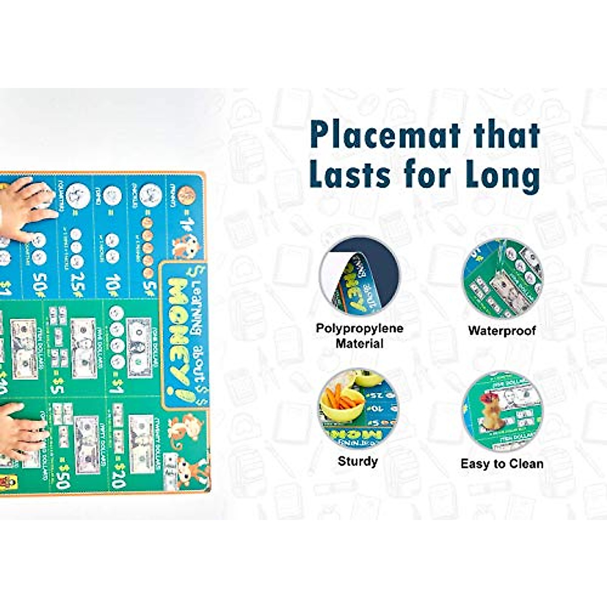 UNCLE WU Learning About Money Placemats - Early Childhood Education Materials Preschool -16 x 12 inch Waterproof Poster