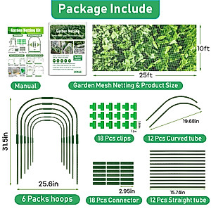 GonLei 10x25FT Garden Mesh Netting Kit Raised Beds (6 Pcs Garden Hoops & 18 Clips) Garden Hoops Plant Row Covers Netting Protection Berry Bush Trees Grass Seed Barrier Net
