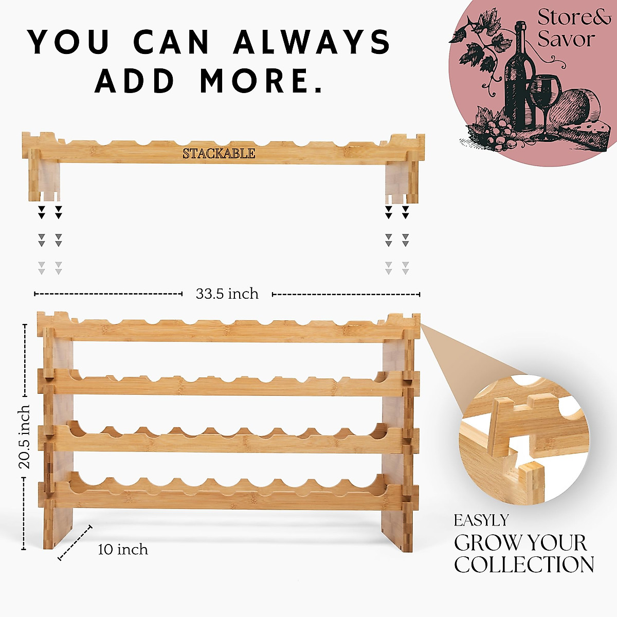 DECOMIL - 36 Bottle Large Wine Rack , Stackable & Modular Wine Storage Rack , Solid Bamboo Wine Holder Display Shelves, Wobble-Free (Four-Tier, 36 Bottle Capacity)