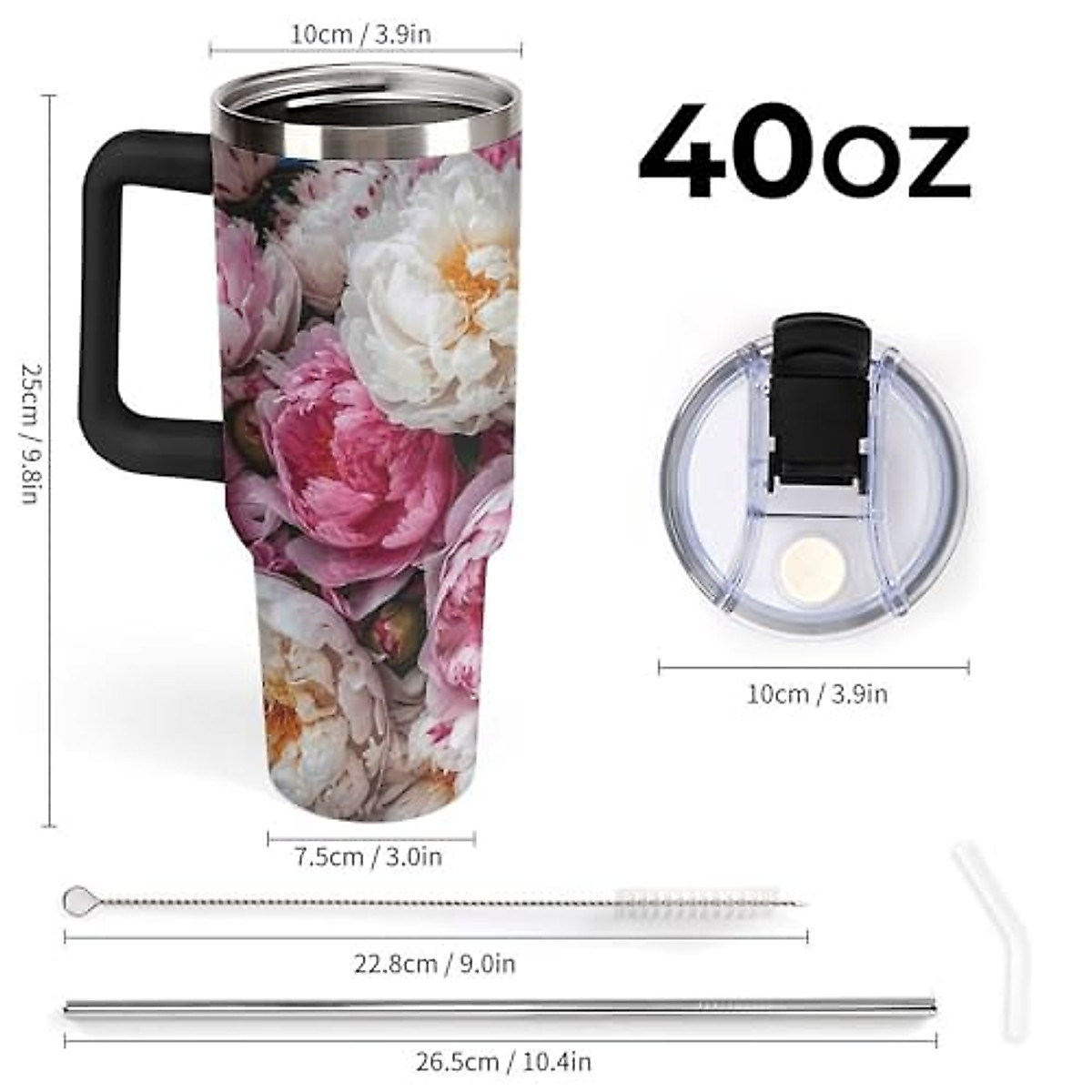 STVNKML 40 Oz Tumbler with Handle Peach And White Peonies Stainless Steel Coffee Mug Reusable Travel Mug Leak-proof Insulated Car Cup Large Capacity Tumbler for Travel, Outdoor, Home Use (Black)