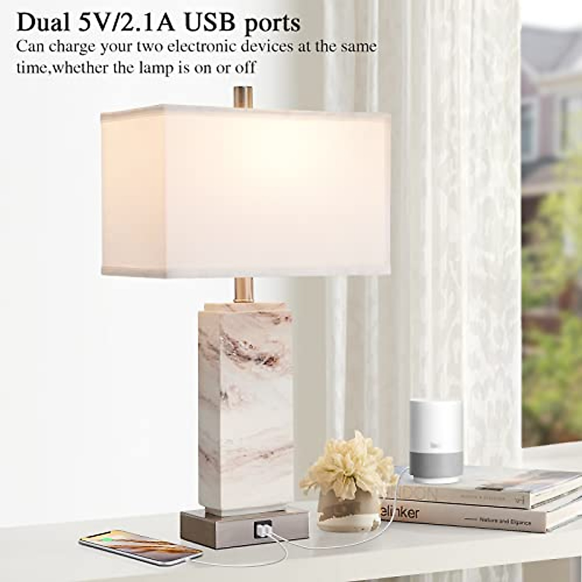 RORIANO Set of 2 Modern Table Lamps for Living Room, 3 Way Touch Dimmable Contemporary Coastal with USB Ports, Rustic Resin Nightstand Lamp Bedroom Bedside End Table, LED Bulb Included