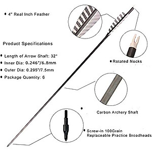 Huntingdoor 31 Inch Hunting Carbon Arrows, Replaceable Points Tips Arrows with 4 Inch Real Feather Fletching,400 Spine Targeting Arrows for Recurve Bow Longbow Practice White (Pack of 6)