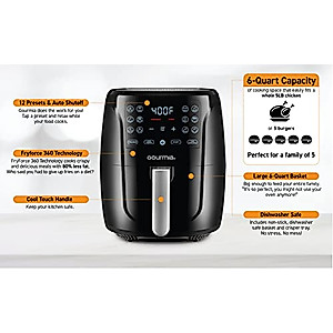 Gourmia Air Fryer Oven Digital Display 6 Quart Large AirFryer Cooker 12 1-Touch Cooking Presets, XL Air Fryer Basket 1500w Power Multifunction Black and Stainless Steel Accents FRY FORCE GAF686