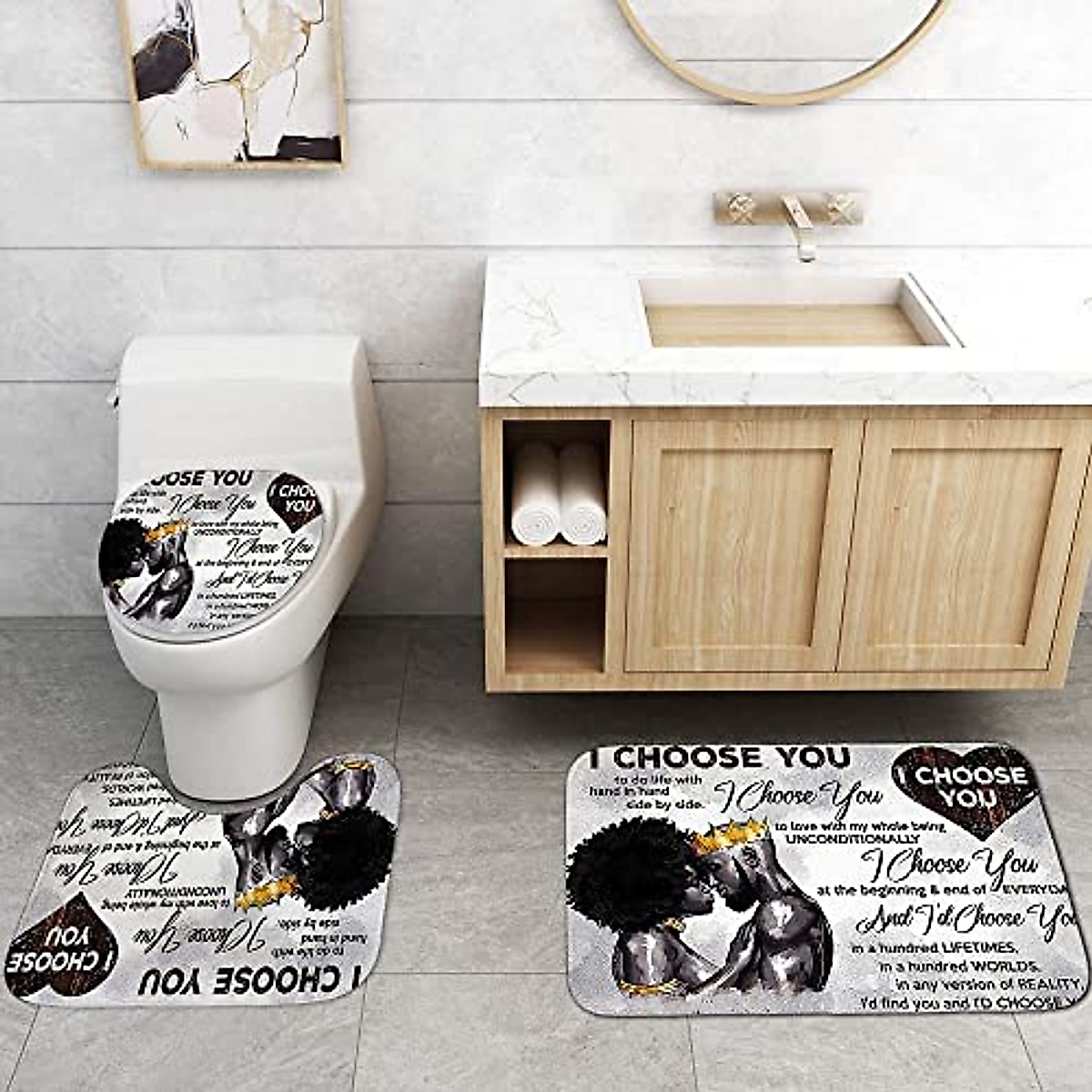 MrLYouth Cute Black Girl Shower Curtain Sets with Non-Slip Rugs ,Toilet Lid Cove and Bath Mat,Waterproof Polyester Fabric Afro Women Bathroom Set African Girl Shower Curtains for Bathroom