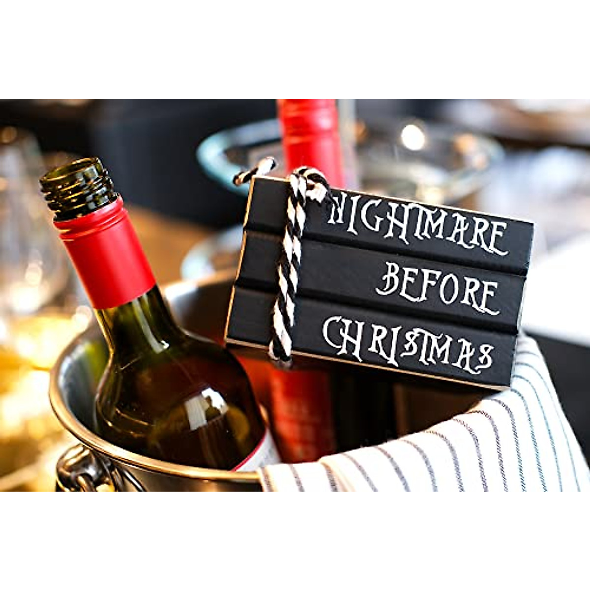 LIVDUCOT Mini Black Halloween Tiered Tray Decor Wood Decorative Book Stack-5x4x3" Rustic Farmhouse Fake Wooden Books for Home Table Decorations Nightmare Before Christmas & This is Halloween Sign