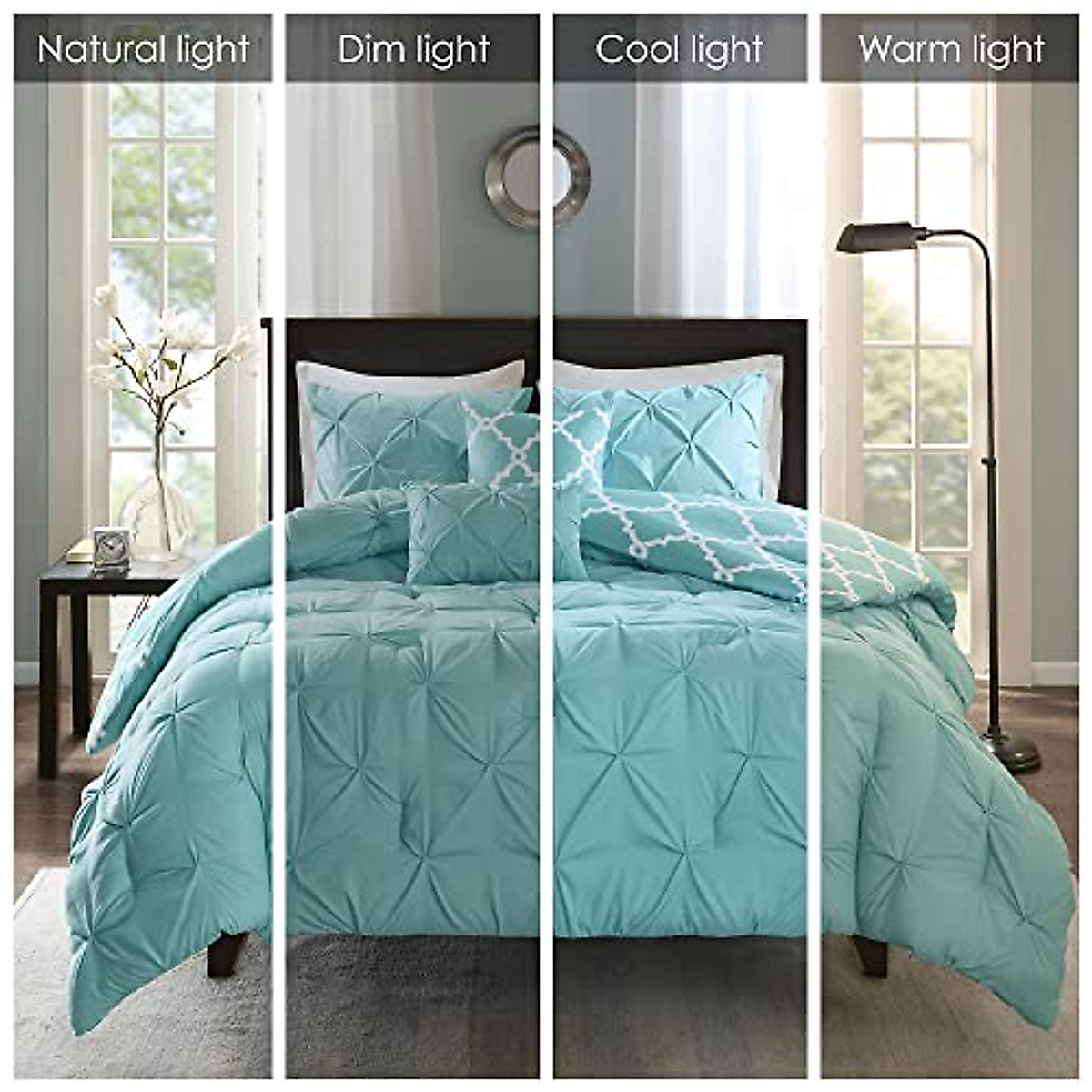 Madison Park Essentials Kasey Cozy Comforter Set - Fretwork Design, All Season Bedding with Matching Shams, Decorative Pillow, Queen (90in x 90 in), Diamond Aqua Comforter 5 Piece