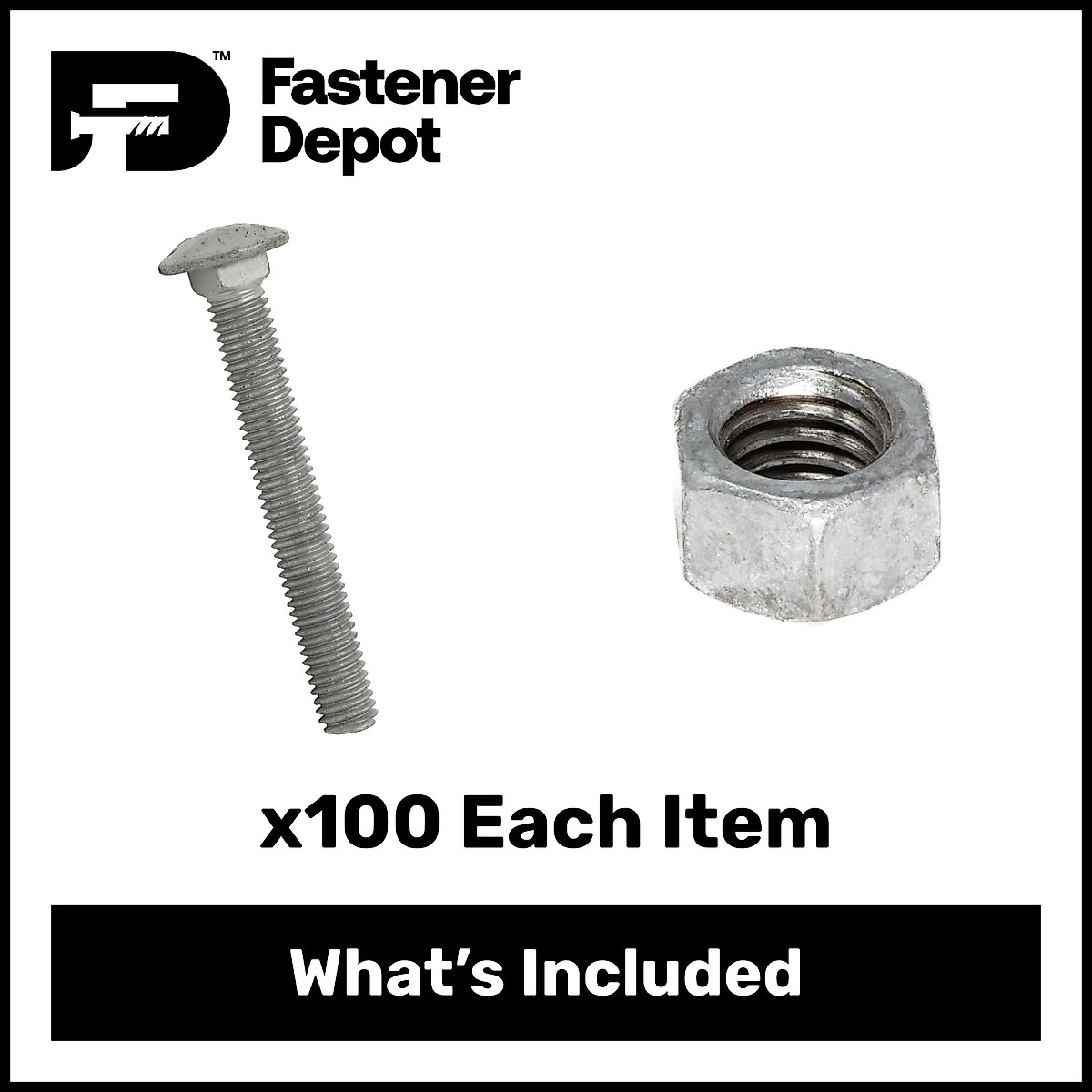 1/4"-20 x 1-1/4" Hot Dipped Galvanized Carriage Bolt w/Nuts, Grade A, Full Thread, Quantity 100 - by Fastener Depot, LLC