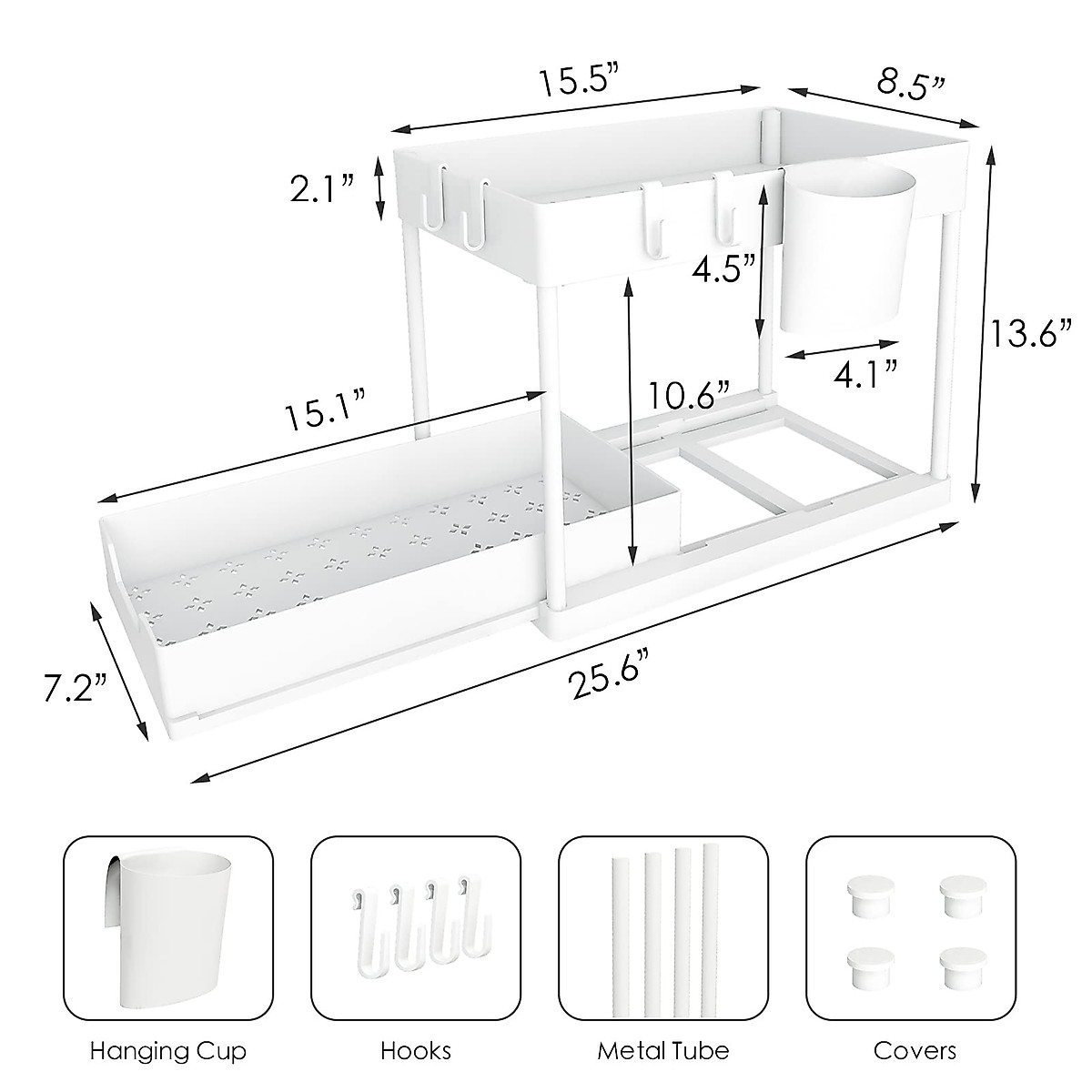 Usbalano 2-Tier Under Sink Organizer, Sliding Under Bathroom Cabinet Storage Drawer Organizer with Hooks, Hanging Cup, Multi-purpose Under Sink Shelf Organizer, White