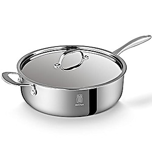 ROYDX Stainless Steel Skillet Saute Pan, 5 Quart Tri-ply Nonstick Large Fry Pans with Lid Single Stay-Cool Handle Cookware, Induction/Electric Gas Cooktops Oven Dishwasher Safe, for Kitchen Camping