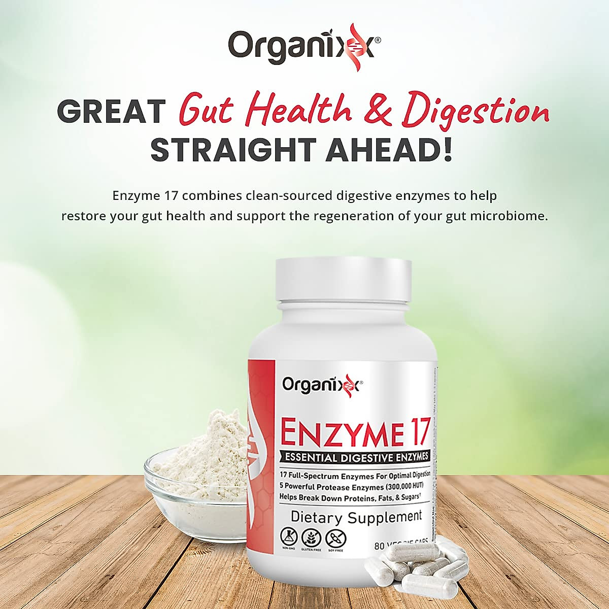 Organixx Enzyme 17 Essential Digestive Enzymes, for Optimal Digestion & Gut Health, Support for Bloating, Gas, Nutrient Absorption & Immunity, Non GMO, Vegan, 80 Veggie Capsules