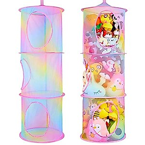 Basumee Stuffed Animals Net or Hammock 2Pcs Hanging Stuffed Animals Storage 3 Compartments Toy Net Hammock for Stuffed Animals Organizer Mesh Stuff Animals Hammock for Kids Girls Room, Rainbow