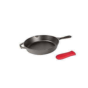 Lodge Cast Iron Skillet with Red Silicone Hot Handle Holder, 10.25-inch 10-1/4-Inch Cast-Iron Lid