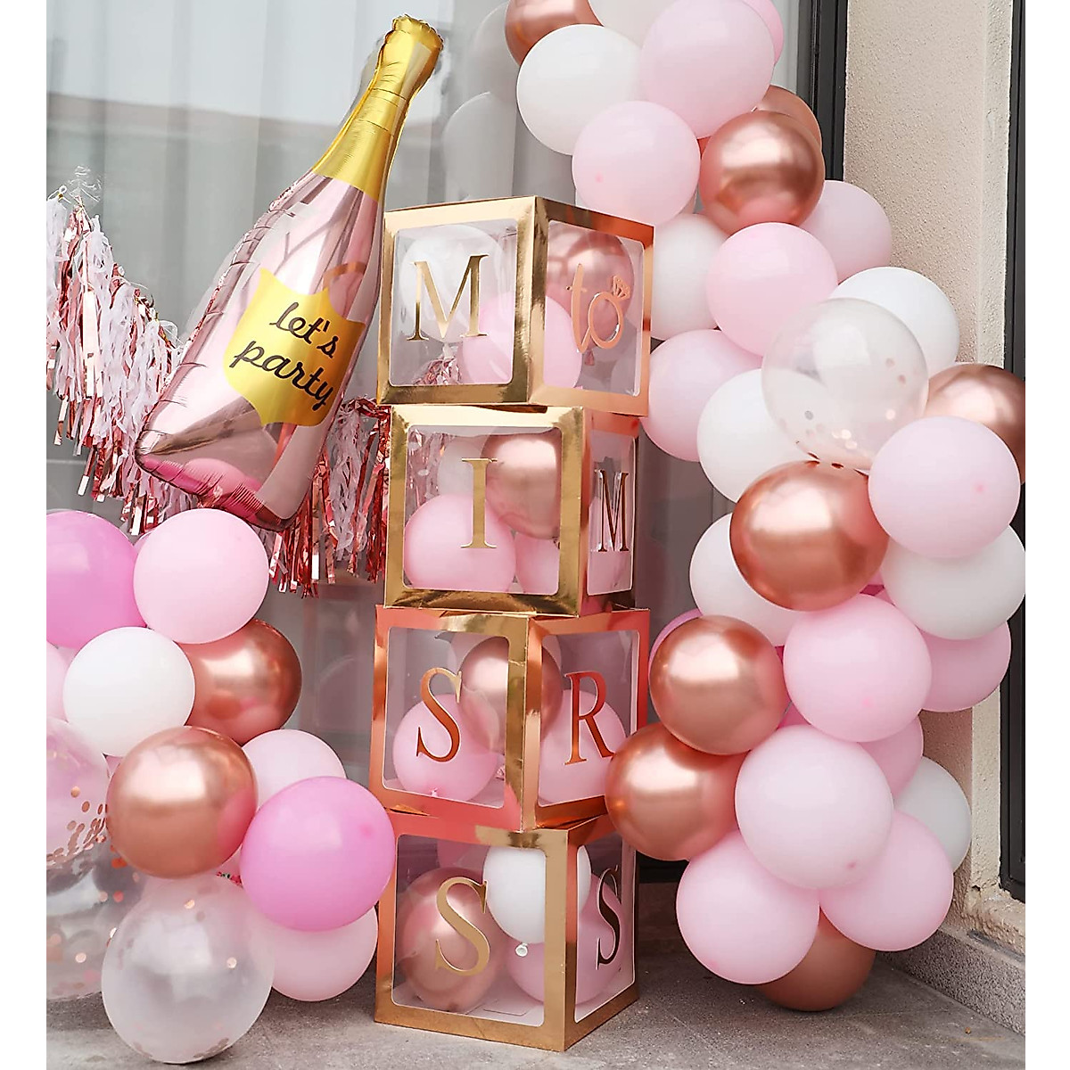 Fonder Mols 4pcs Rose Gold Transparent Balloon Boxes with MISS TO MRS Letters for Wedding Bridal Shower Engagement Cake Smash Backdrop(No Balloons)