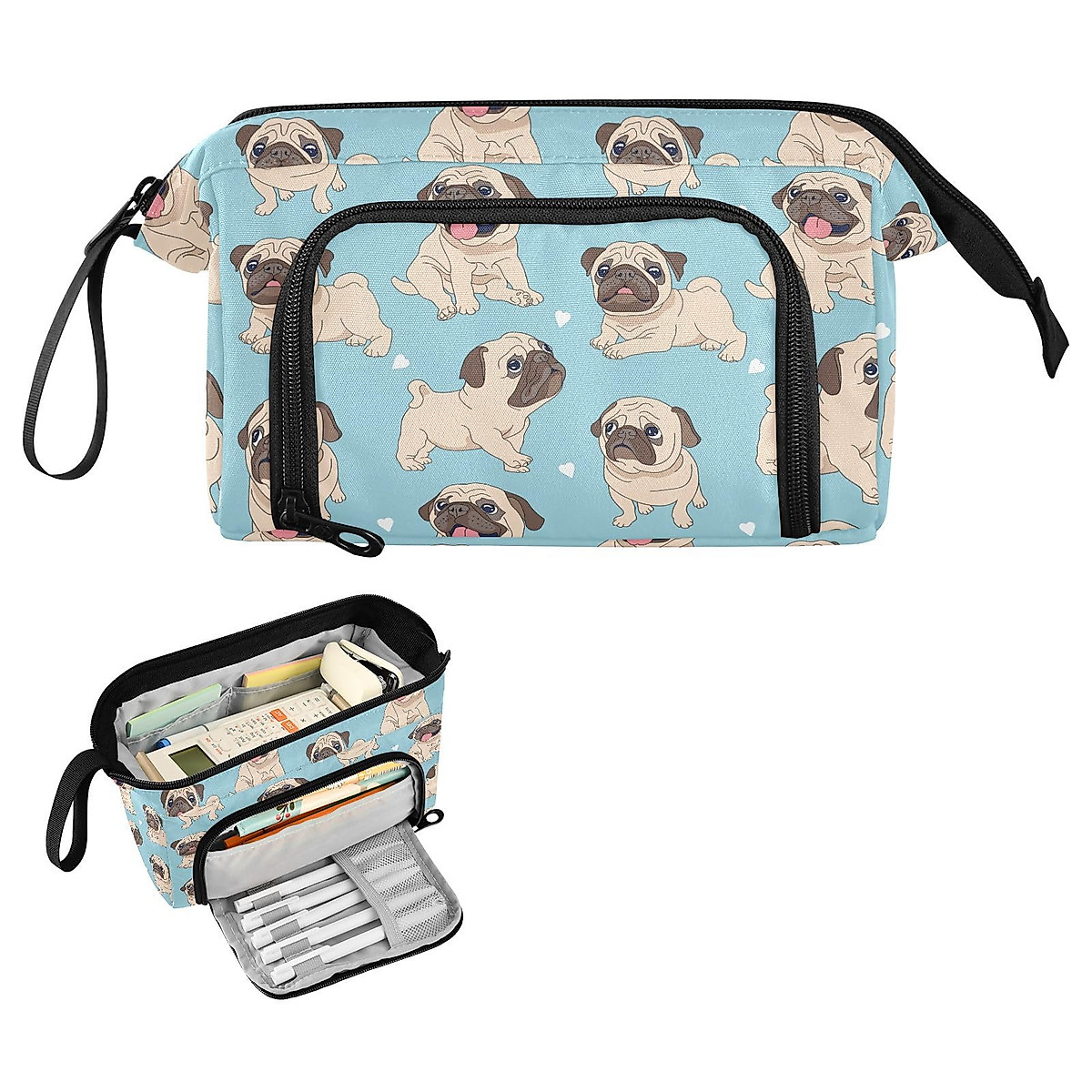 YMGQYJ Large Capacity Pencil Case Funny Cartoon Pugs Puppies Pattern, Stationery Organizer Pencil Pouch Bag for Office Travel 1 Pack 9.4x3.7x5.9 in