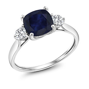 Gem Stone King 10K White Gold Blue Sapphire and White Moissanite 3-Stone Engagement Ring | 2.26 Cttw | Cushion 7MM | 3 Stone Wedding Anniversary Promise Gold Ring For Women (Size 7)