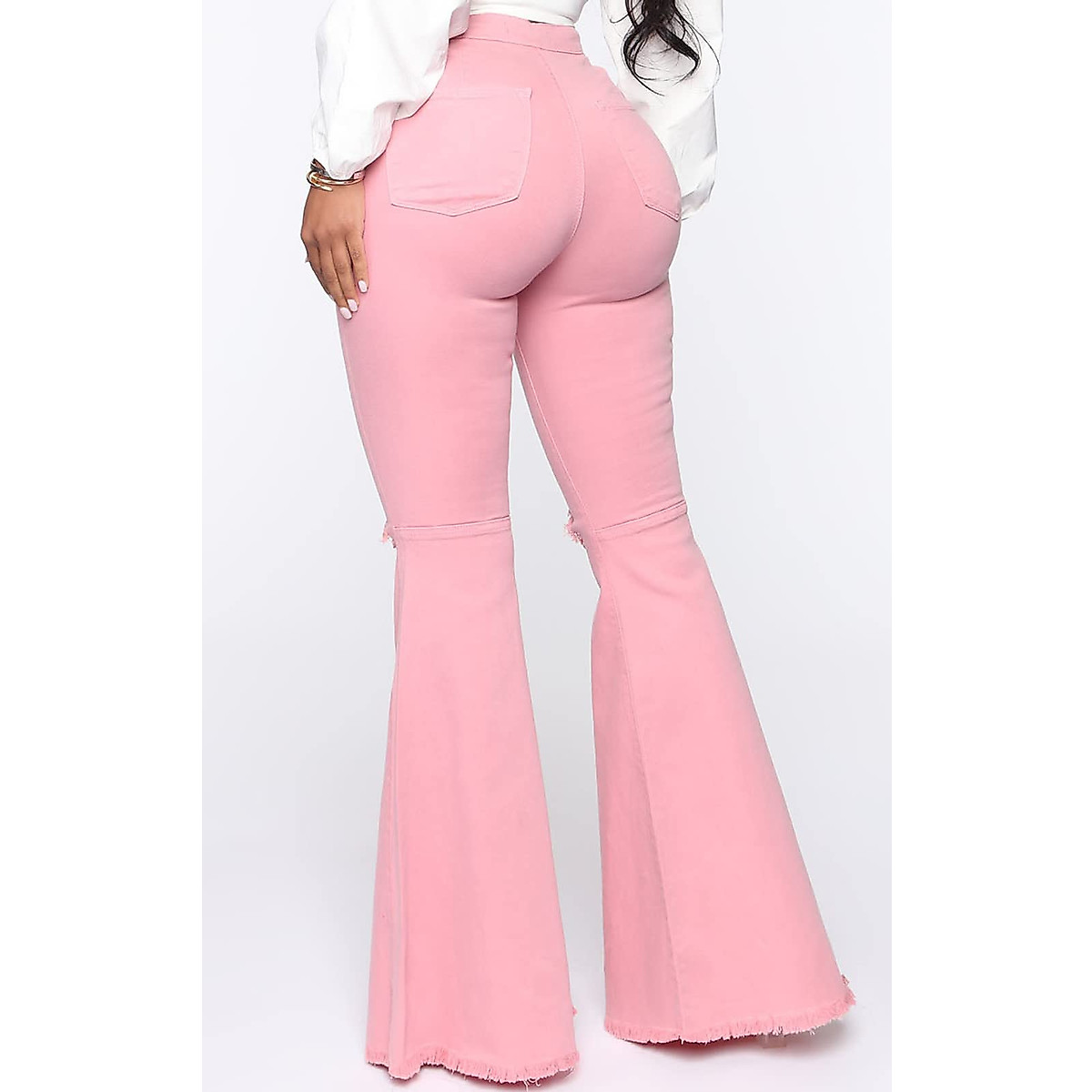 vunahzma Women's Flare Bell Bottom Pink Jeans Knee Ripped Fitted Destroyed Flare Denim Pants 70s Outfits for Women(X-Large, Pink-4014)