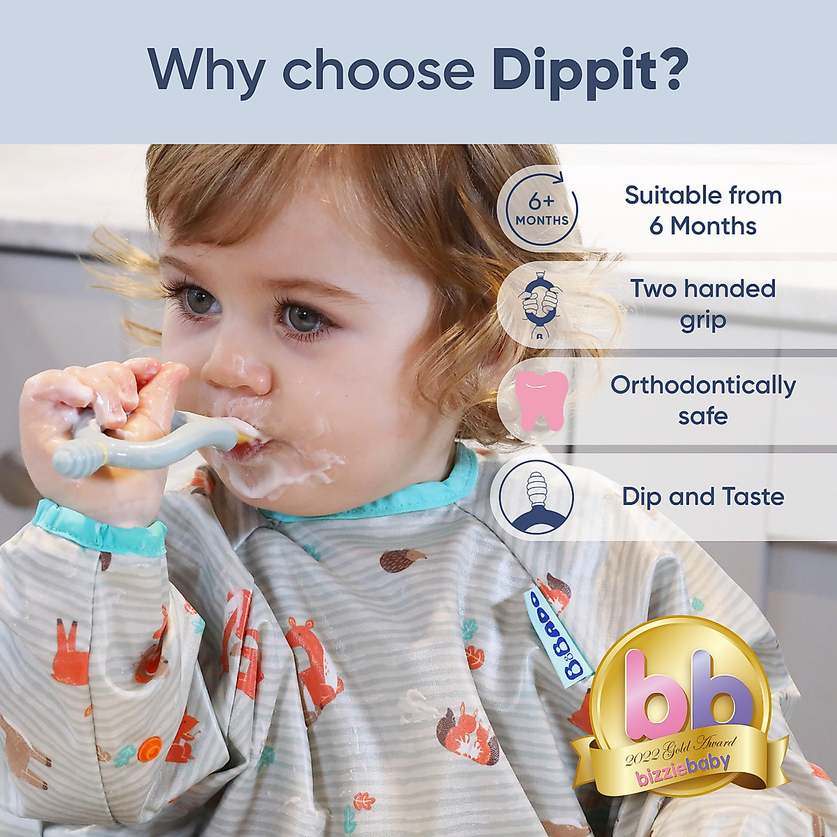 Bibado Dippit- Baby Led Weaning Spoon, BPA Free Baby Spoons Self Feeding 6 Months & Up, 2 Handed Baby Spoon with Loop Handle, Use as Toddler & Baby Training Spoon, Baby Led Weaning Supplies, 2 Pack