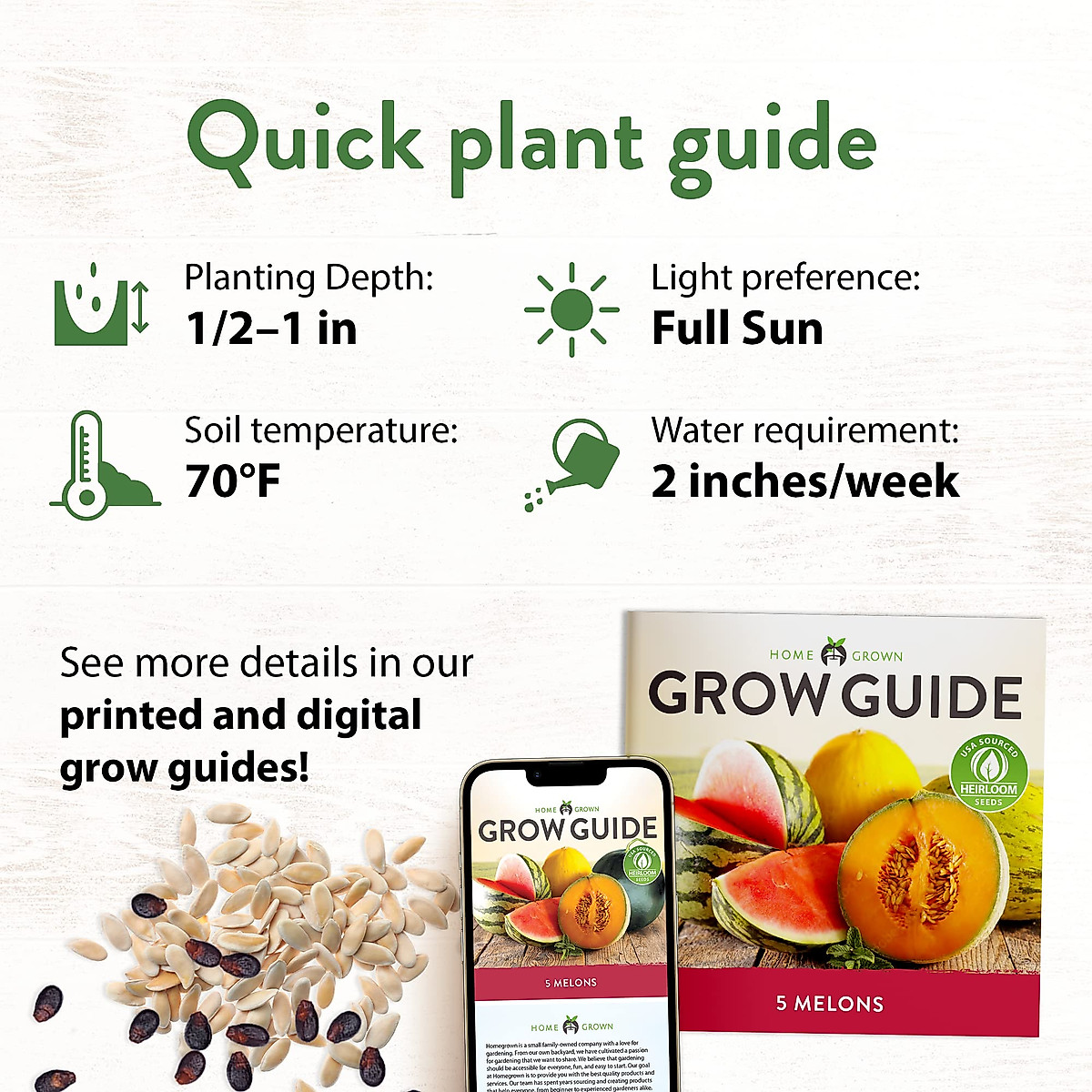 HOME GROWN 5 Melon Fruit Seeds Variety Pack - Watermelon Seeds, Melon Seeds, Cantaloupe, Sugar Baby Watermelon, Honeydew Fruit Seeds for Planting Home Garden - Non GMO Heirloom Seeds for Planting