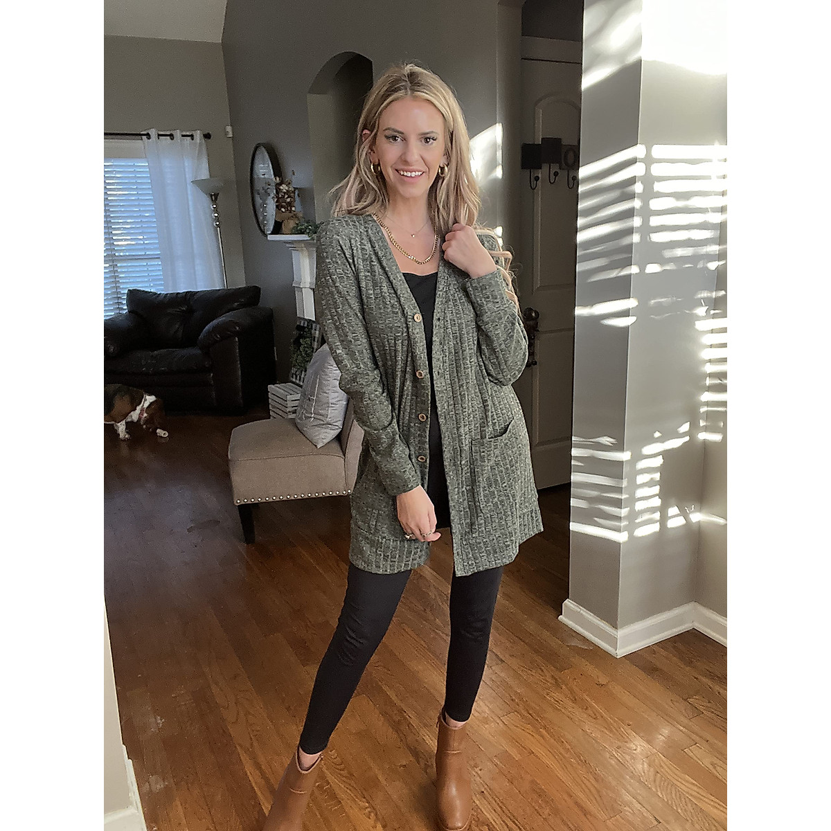 GRECERELLE Women's Long Sleeve Open Front Cardigan Button Down Ribbed Lightweight Knit Outerwear with Pocket