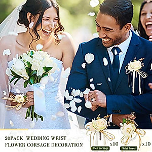 20 Pcs Rose Wrist Corsage and Boutonniere Set Flower Wrist Corsage Wristlet Band Bracelet Bridegroom Men's Boutonniere Wedding Wristlet Hand Flower for Prom Party Bouquets Accessories (Champagne)