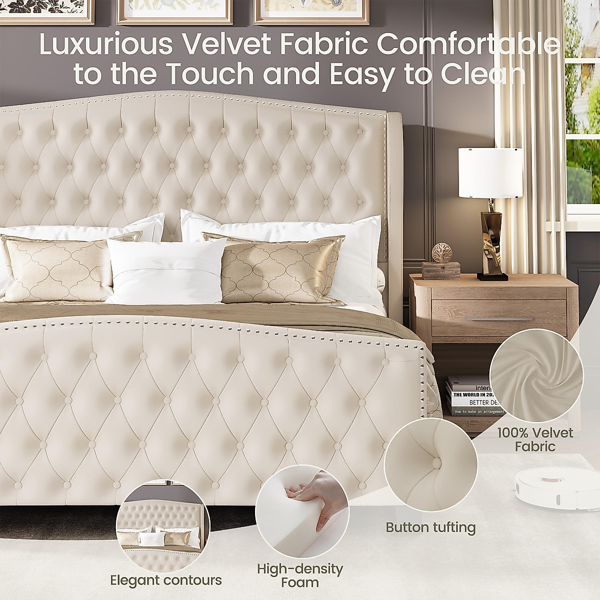 LARMACE King Bed Frame Upholstered Platform Bed with Wingback Headboard & Footbaord Velvet Beds Deep Button Tufted Beds Frames with Wood Slats Support, No Box Spring Needed, Beige