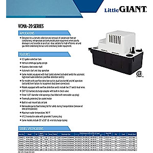 Little Giant 554425 VCMA-20ULS 80 GPH 1/30 HP Automatic Condensate Pump with Safety Switch for HVAC, Dehumidifier, Furnace, Air Conditioner