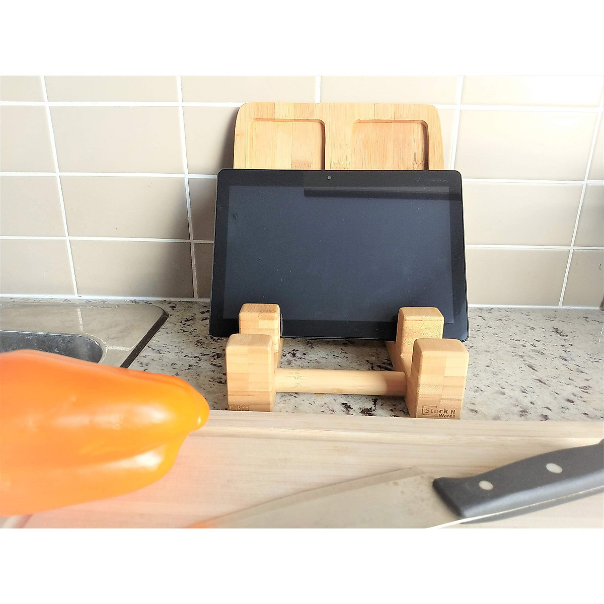 Stock N Wares Bamboo Cutting Board Holder, Pot Lid Holder, Cook Book Stand, Tablet Holder for Kitchen, Stylish Low Profile, 10.38" Lx7 Wx2.5 H(26.35cmx17.78cmx6.35cm)