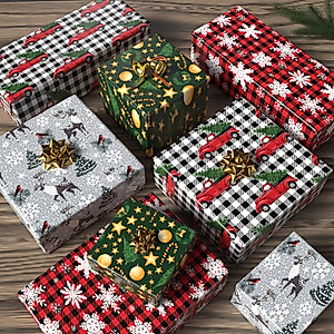 GIOLNIAY Christmas Wrapping Paper for Men Women Kids - Holiday Gift Wrap Red & Black Plaid with Truck, Black & White Plaid with Snowflake Xmas Design - 6 Jumbo Sheets, 28″×40″ Each, Easy to Store