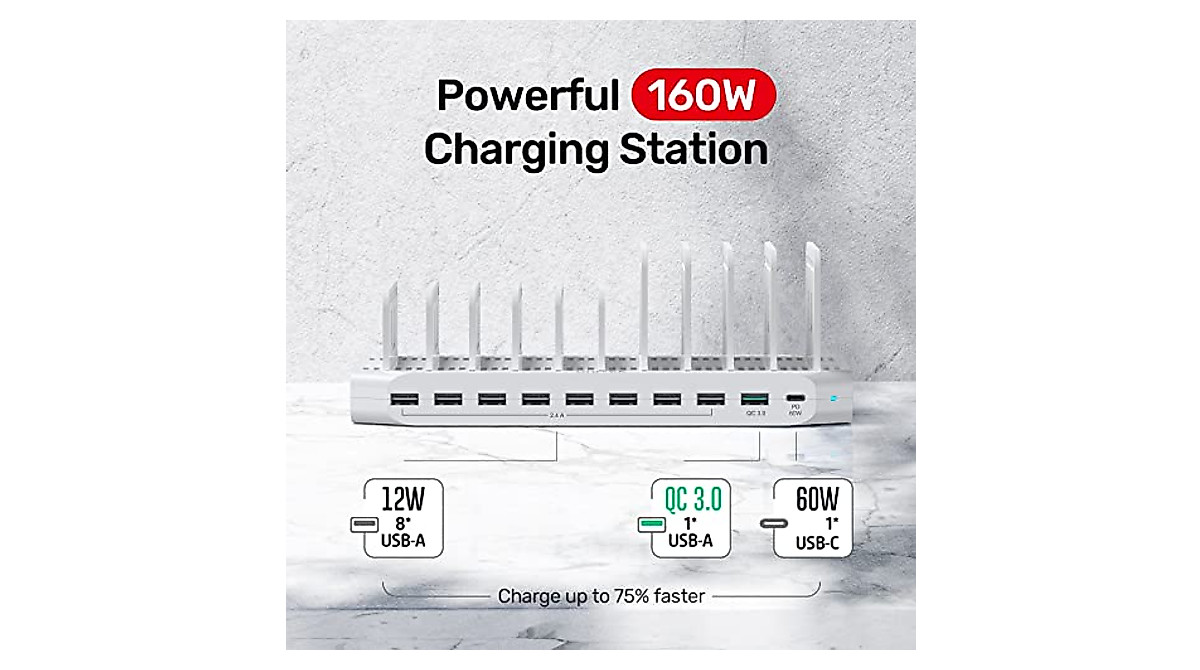 Unitek USB C PD 60W Charging Station with 10 Ports | Fast & Safe Charging