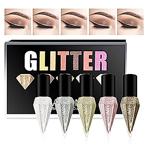 Erinde Liquid Glitter Eyeliner Colorful Set - 5 Colors Metallic Shimmer Silver White Gold Diamond Eye Liner, Long Lasting Glow Eyeliner Eye Shadow, Glittering Eyeliner Korean Makeup Make Eyes Sparkle