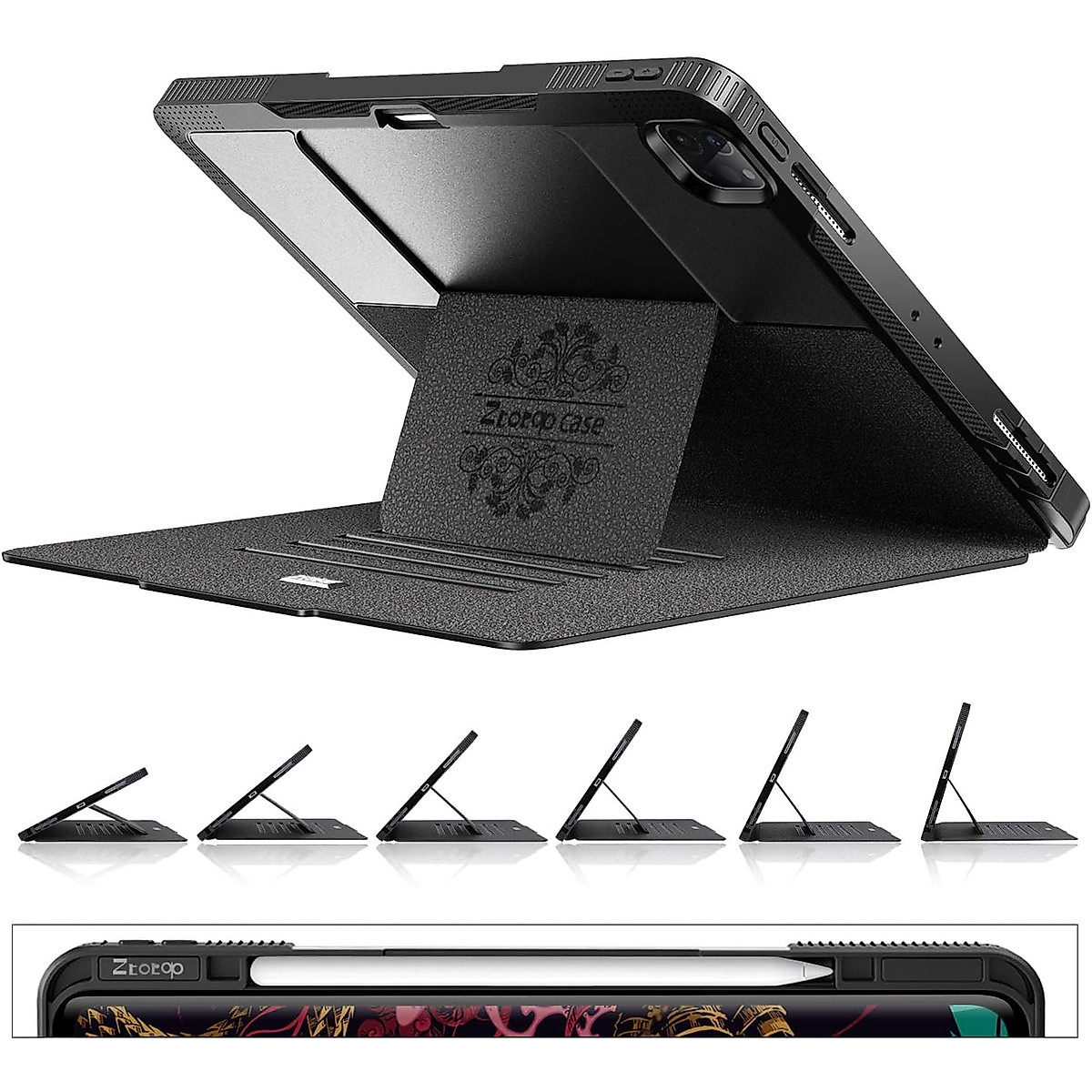 ZtotopCases for New iPad Pro 12.9 Inch 6th/5th/4th Generation 2022/2021/2020, [6 Magnetic Stand Angles] Protective Cover with Pencil Holder, Auto Wake/Sleep, Black