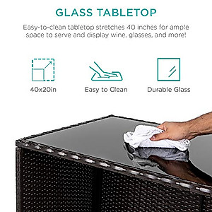 Best Choice Products 3-Piece All-Weather Wicker Bar Table Set for Indoor Outdoor, Kitchen, Patio, Backyard w/ 2 Stools, Glass Tabletop, Storage Shelves - Brown