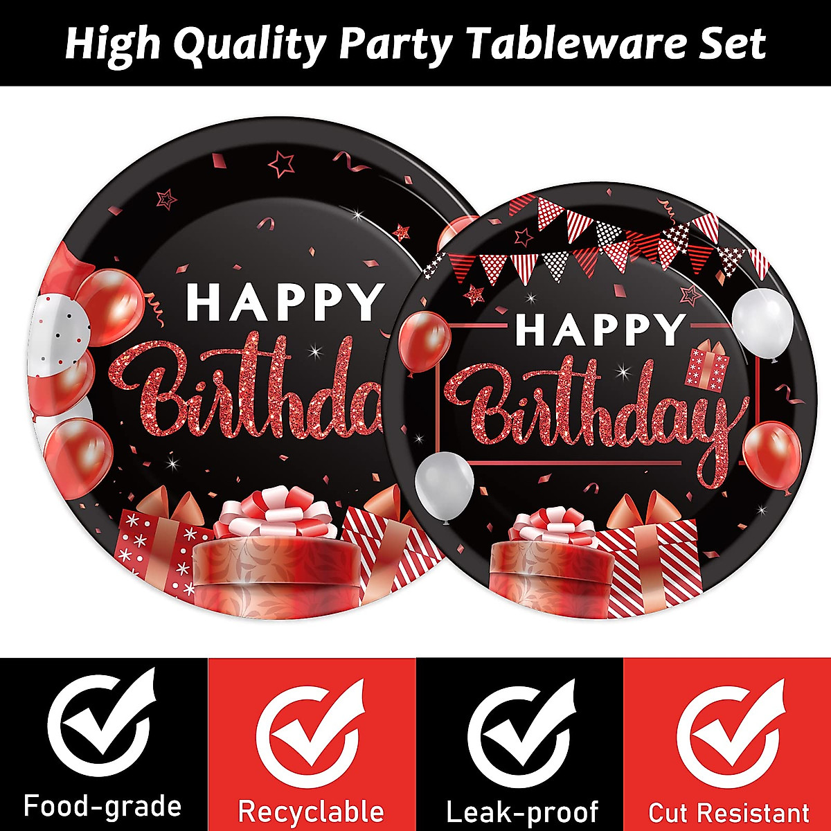 200Pcs Red and Black Birthday Party Tableware Set Confetti Sprinkles Happy Birthday Supplies Red and Black Paper Plates and Napkins Forks for Man and Woman Birthday Party Decorations for 50 Guests